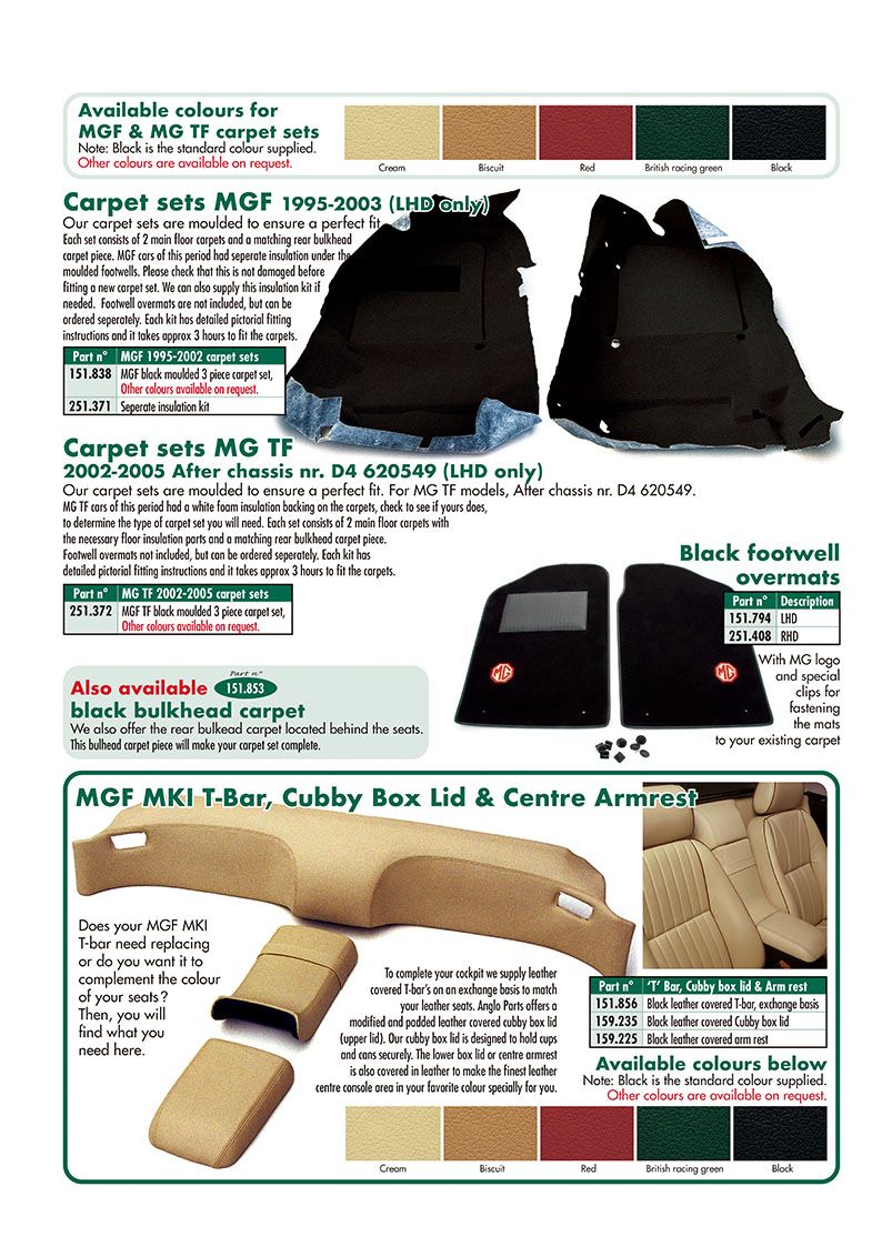 Mats, carpets & trim - Moquette & isolation - Intérieur - MGF-TF 1996-2005