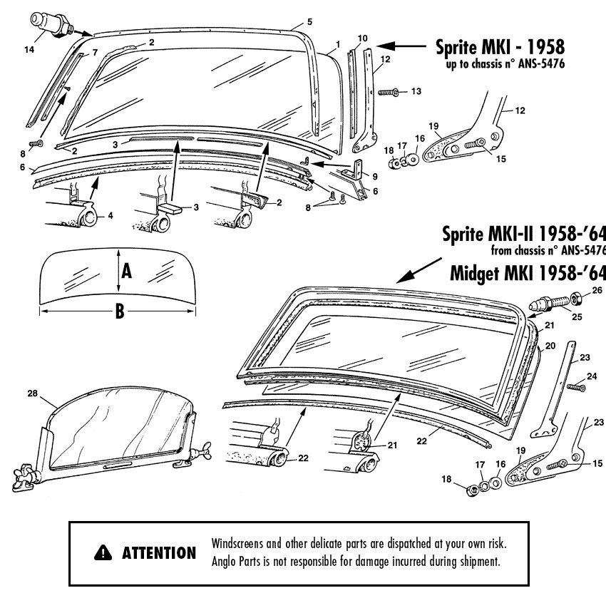 Windscreen - Voorruit - Voorruit, ruitenwissers & sproeiers - MG Midget ...